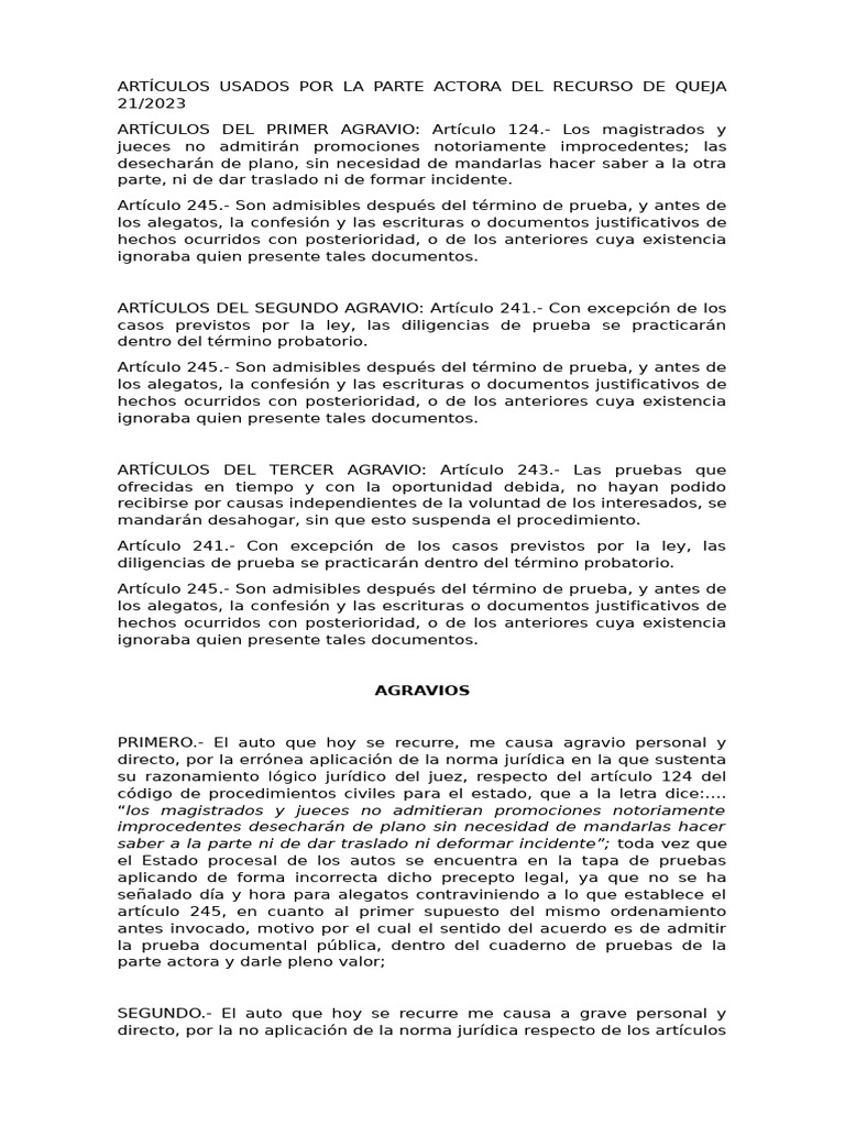 Agravios en Recurso de Queja 21/2023 | PDF | Juez | Confesión (ley)