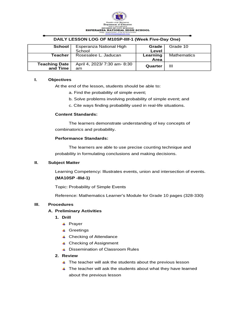 Daily Lesson Log Day 15 | PDF | Probability | Learning