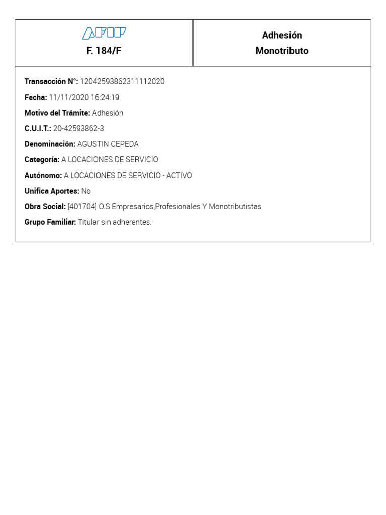 AFIP _ Formulario 184 | PDF