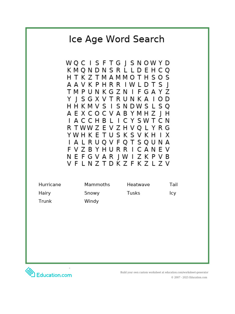 Ice Age Word Search: Hurricane Mammoths Heatwave Tail Hairy Snowy Tusks ...