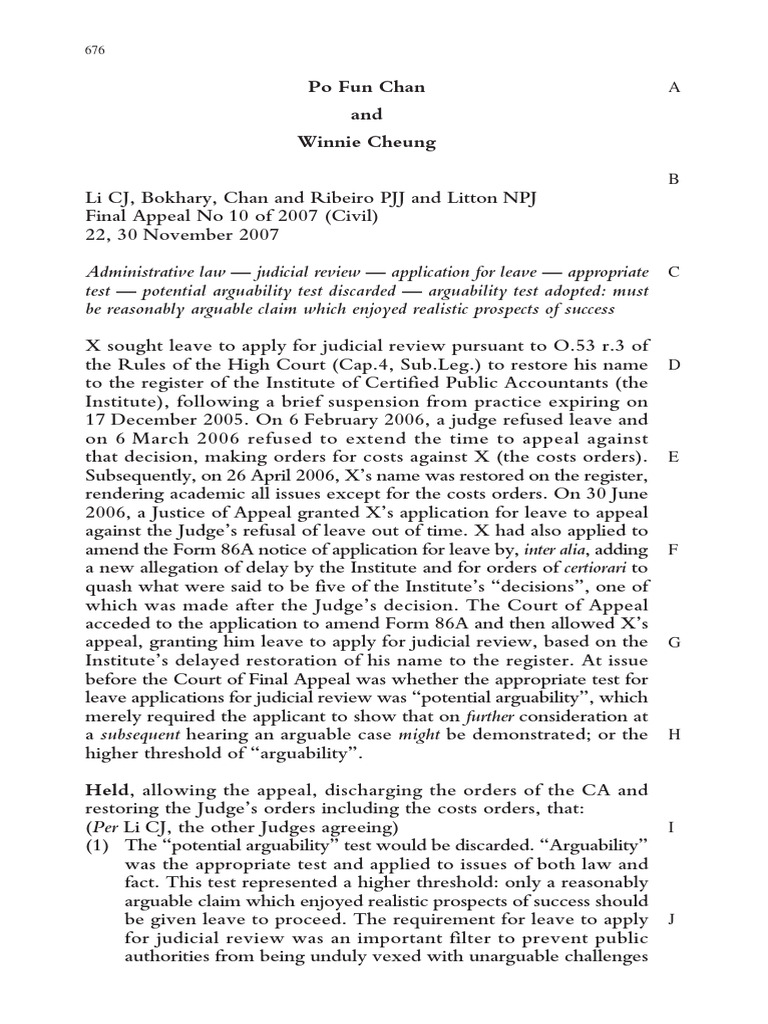 Po Fun Chan V Winnie Cheung (2007) 10 HKCFAR 676 | PDF | Burden Of ...