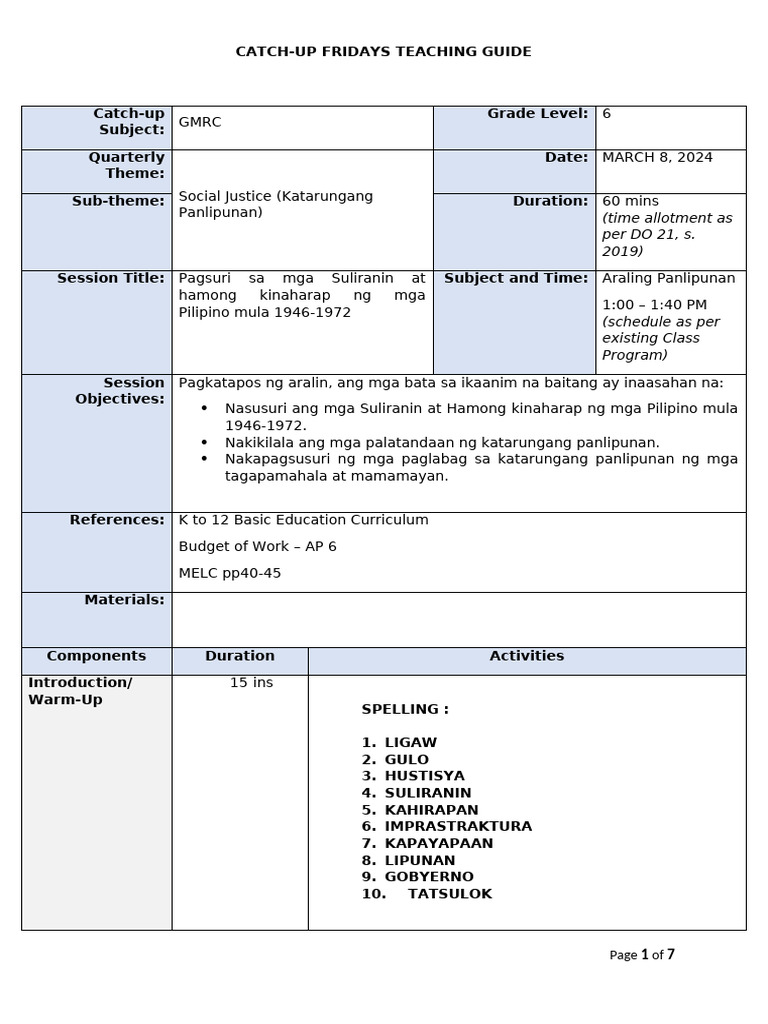 Grade6 Ap GMRC - Catch Up Friday | PDF