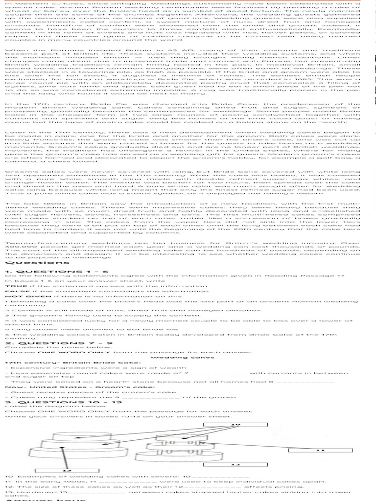 The History of Cakes at Weddings - IELTS Reading Questions and Answers ...