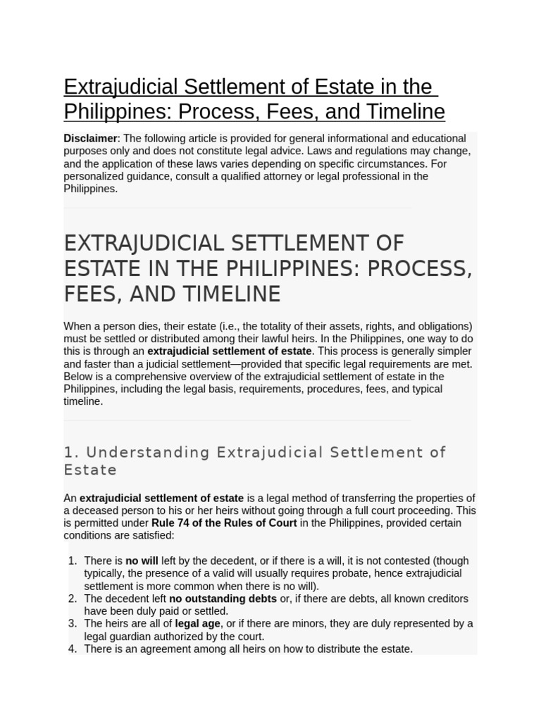 Extrajudicial Settlement of Estate in The Philippines | PDF | Probate ...