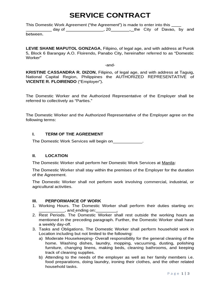 This Domestic Work Agreement | PDF | Employment | Domestic Worker
