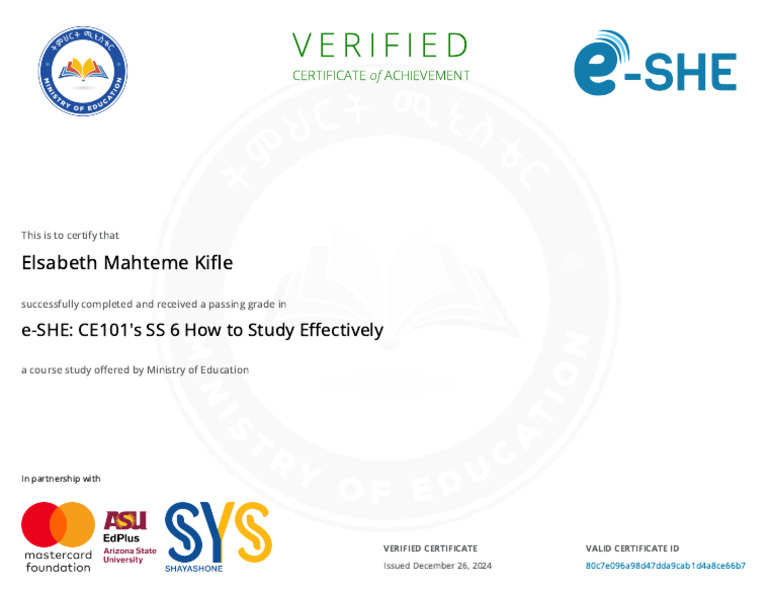 e-SHE CE101 Certificate - Addis Ababa University | PDF