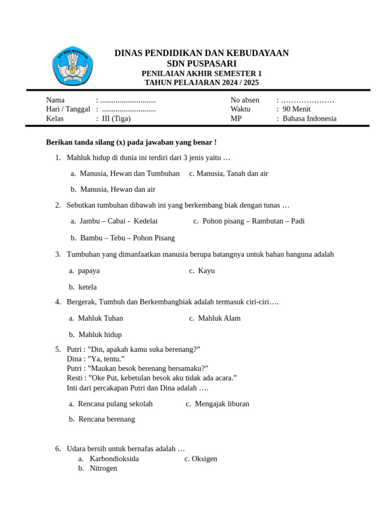 Pas BHS Indonesia Kelas 3 SMT 1 | PDF
