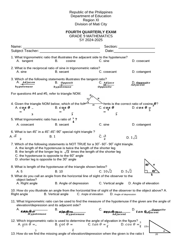 Quarterly Test - Q4 Mathematics 9 | PDF | Trigonometric Functions ...