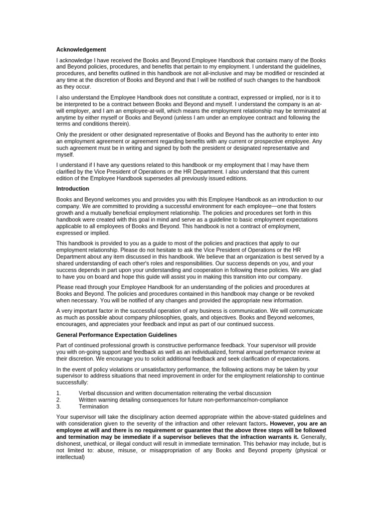 Books and Beyond Employee Handbook Acknowledgment | PDF | Employment ...