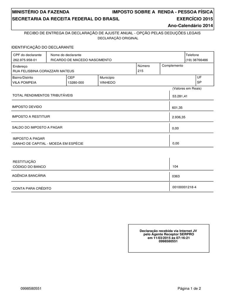 Recibo de Declaração IRPF 2015 | PDF | Imposto de Renda | Impostos