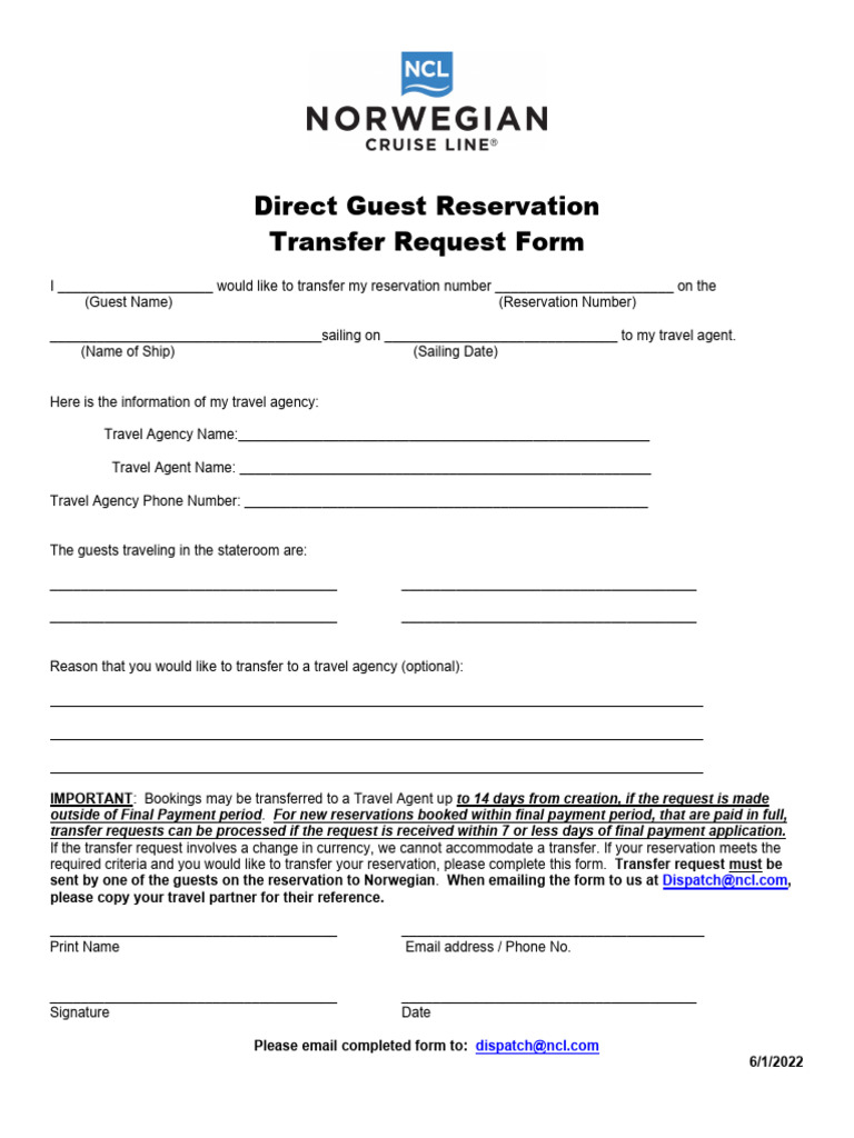 NCL Reservation Transfer Request Form | PDF