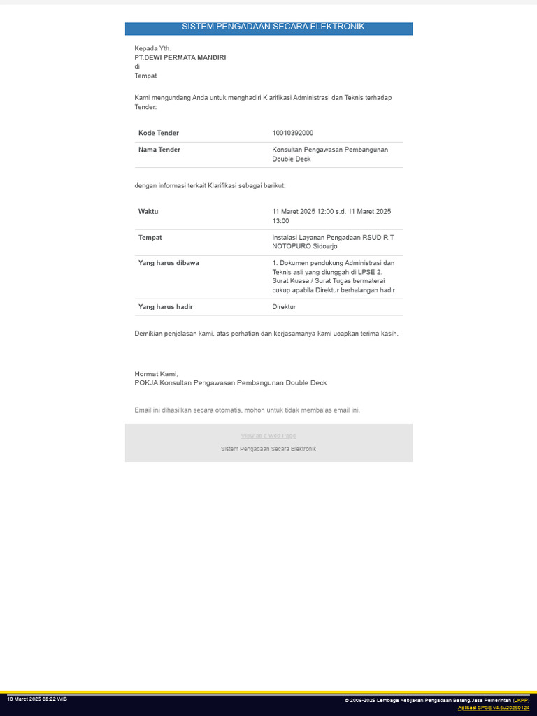 Undangan Klarifikasi Administrasi Dan Teknis SDJ | PDF