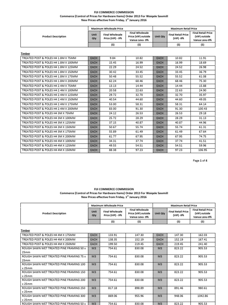 Fiji Timber Price List 2016 | PDF | Wood