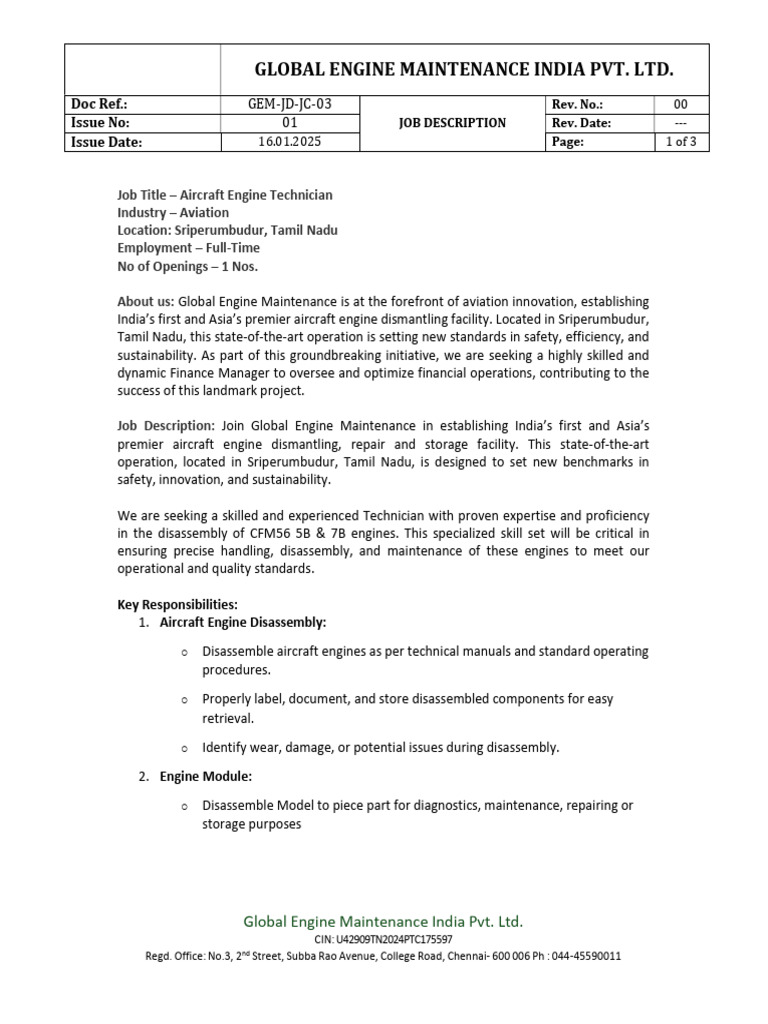 Aircraft Engine Technician Job Opening | PDF