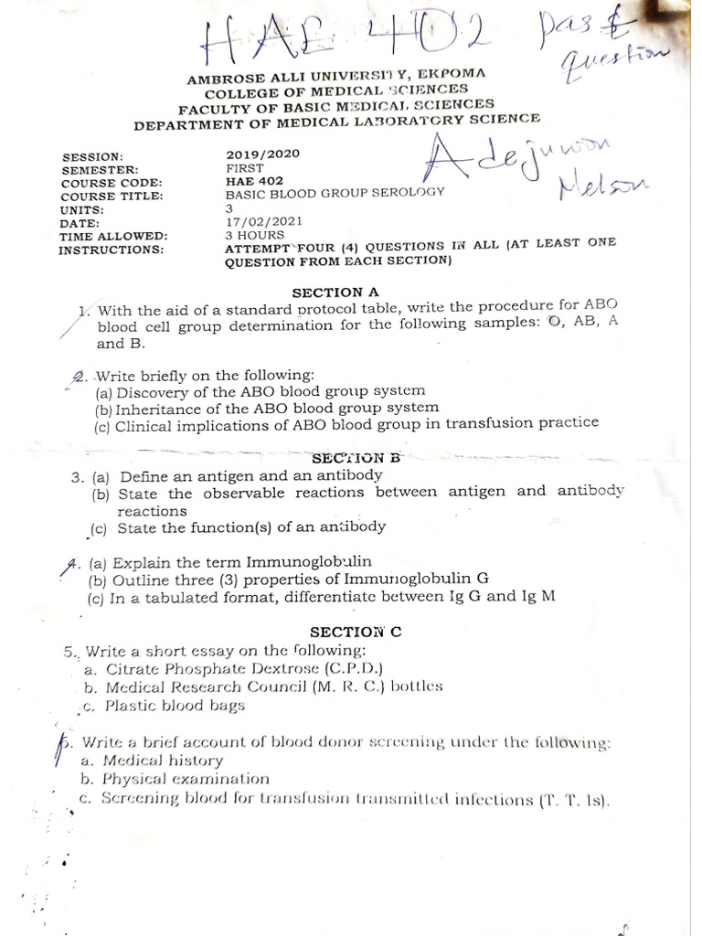 HAE 402 PAST QUESTION, BY NELSON ADEJUWON | PDF