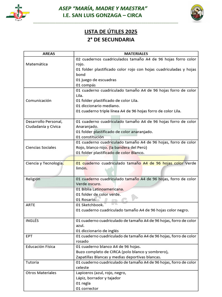 Lista de Útiles Segundo Grado de Secundaria | PDF | Color | Visión