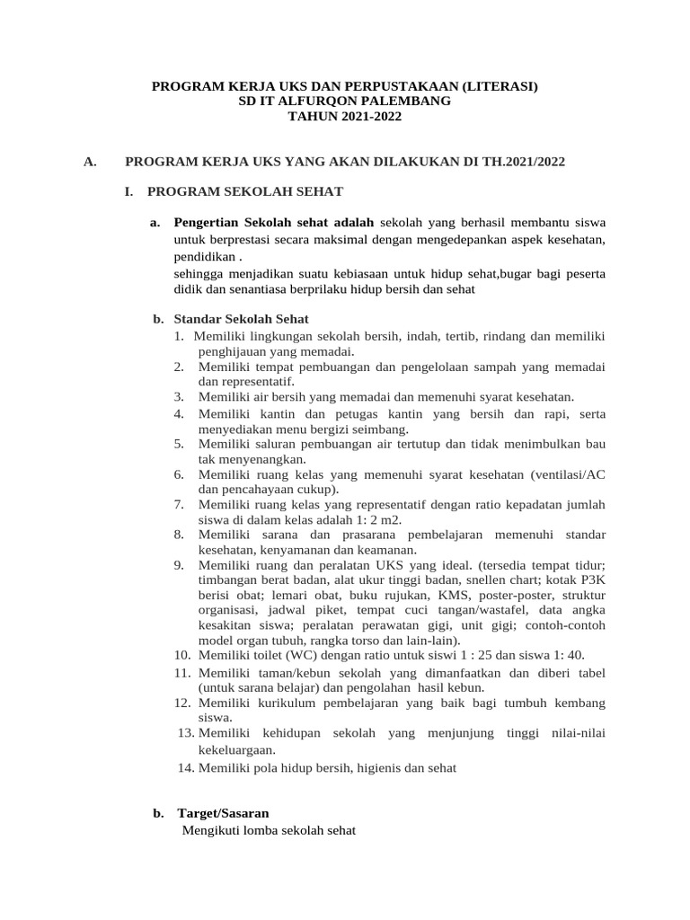 PROGRAM KERJA UKS DAN PERPUSTAKAAN TAHUN (2021-2022)-1 | PDF