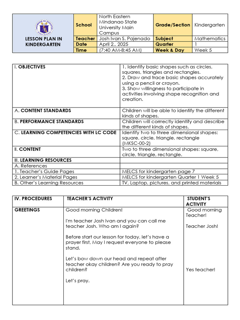 Josh Ivan Lesson Plan DIFF KINDS OF SHAPES 2 | PDF | Shape | Teachers