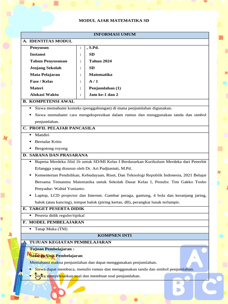 MODUL AJAR MATEMATIKA Penjumlahan kls 1 | PDF