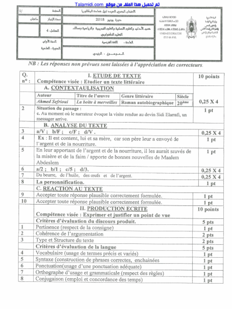 Talamidi.com Examen Regional Francais Session Normale Rabat Sale Kenitra 2018 Corrige | PDF