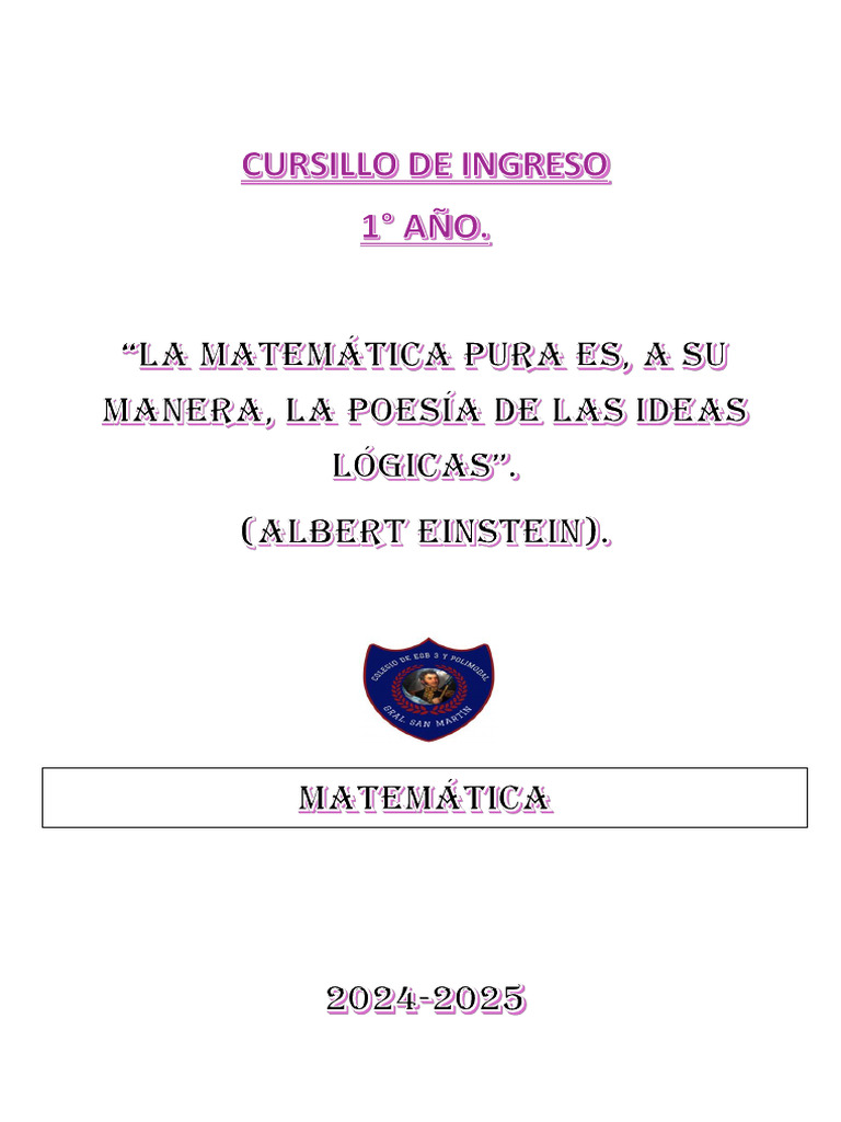 Cuadernillo de Ingreso - Matemática 2024-2025 | PDF | Números | Matemática Elemental