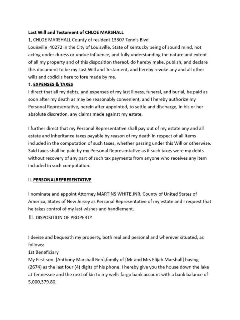 Last Will and Testament of Chloe Marshall. | PDF | Will And Testament ...