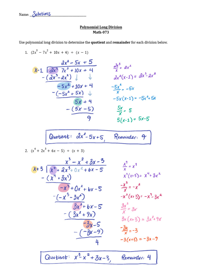 Polynomial Long Division - Solutions | PDF | Discrete Mathematics ...