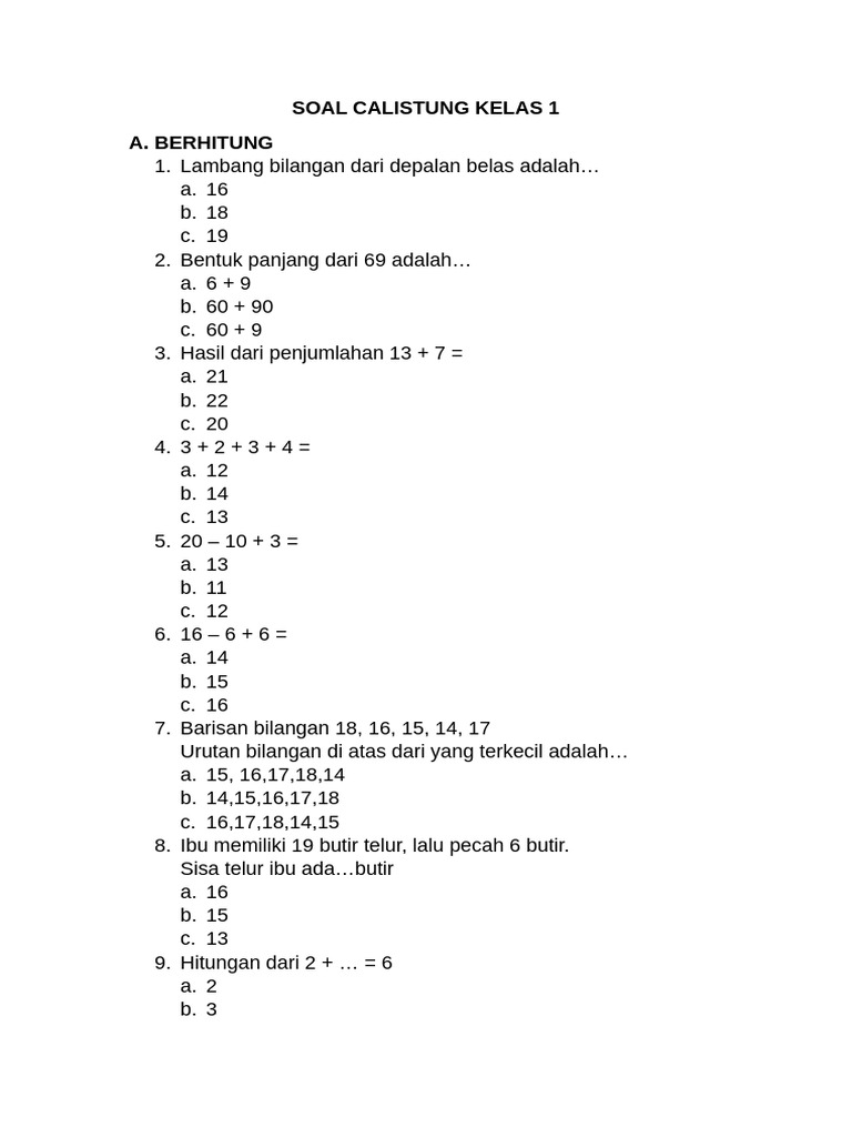 Soal Calistung Kelas 1 | PDF