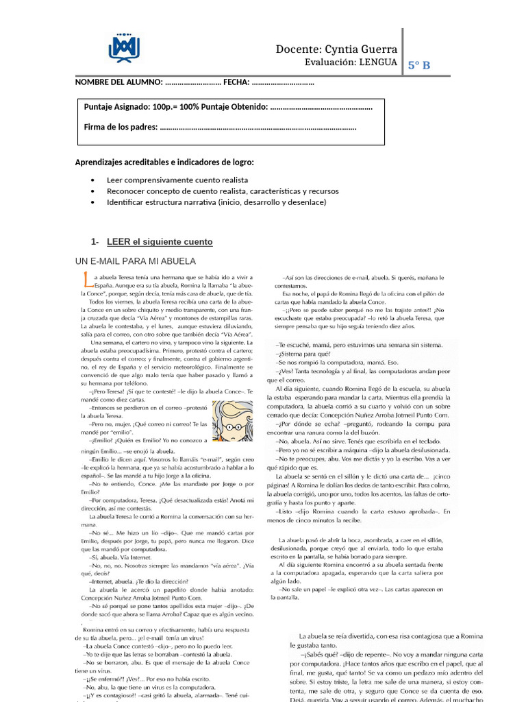evaluacion cuento realista 5to | PDF
