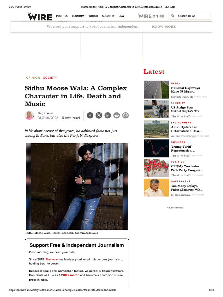Sidhu Moose Wala: A Complex Character in Life, Death and Music | PDF