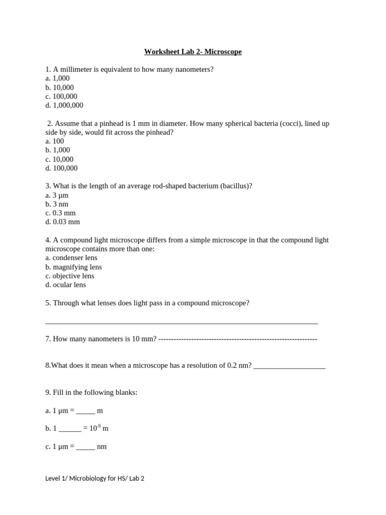 Questions Worksheet Microscope | PDF