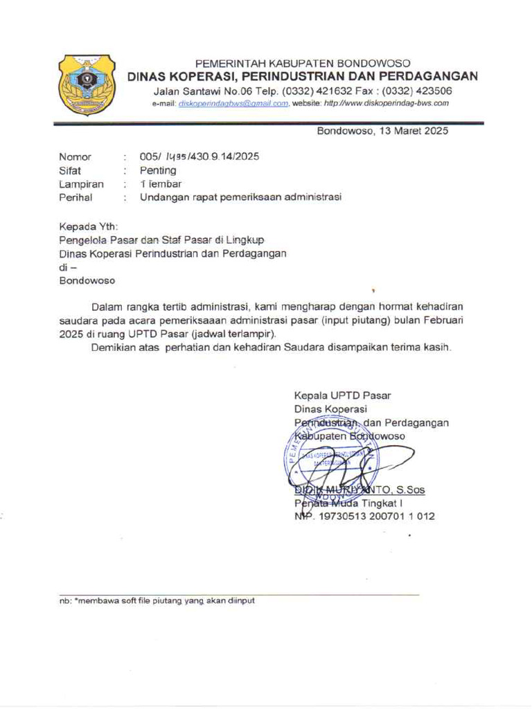 UNDANGAN PEMERIKSAAN ADMINISTRASI PIUTANG MARET | PDF