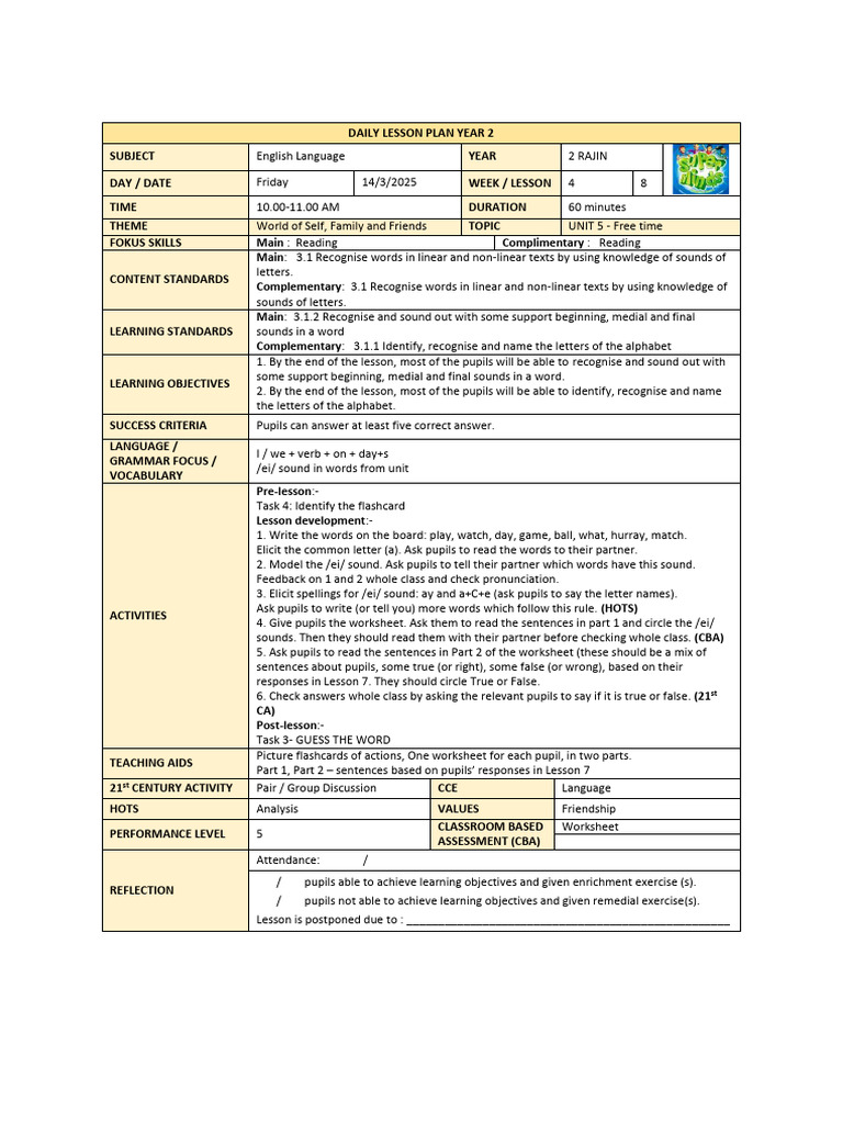 Daily Lesson Plan Year 2 R | PDF | Learning | Applied Linguistics
