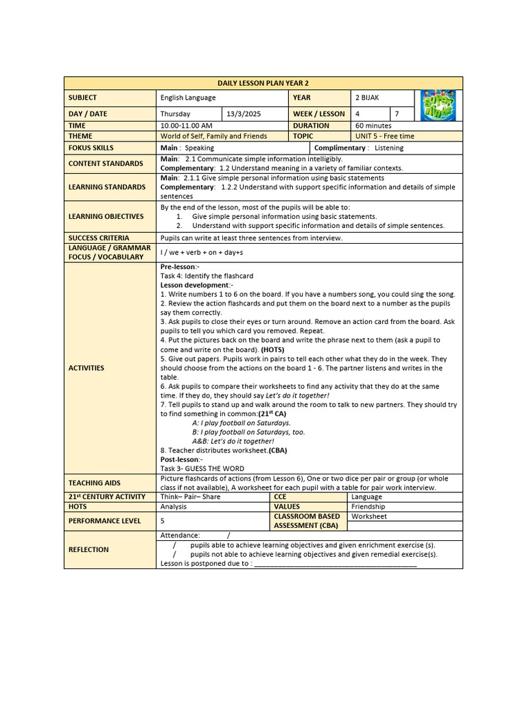 Daily Lesson Plan Year 2 Bijak | PDF | Lesson Plan | Information