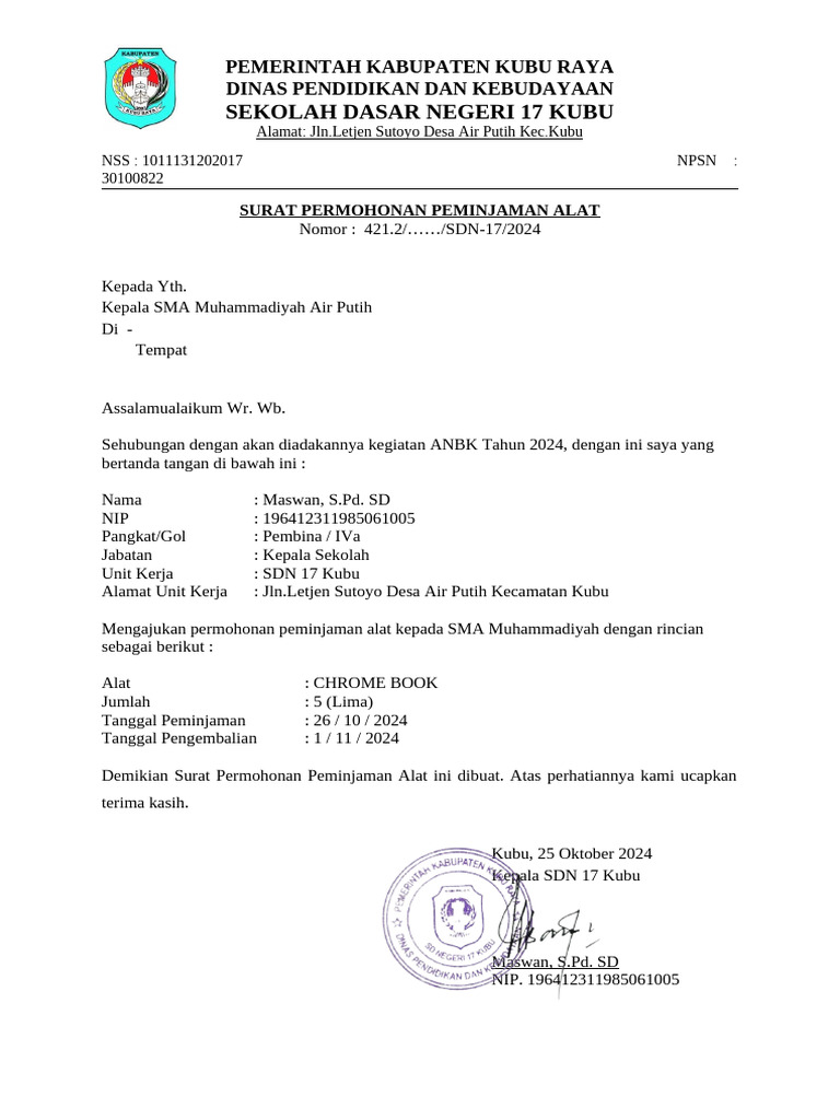 Permohonan Peminjaman Chromebook ANBK 2024 | PDF