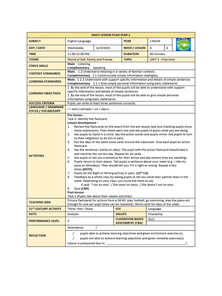 Year 2 English Lesson Plan: Free Time | PDF | Lesson Plan | Flashcard