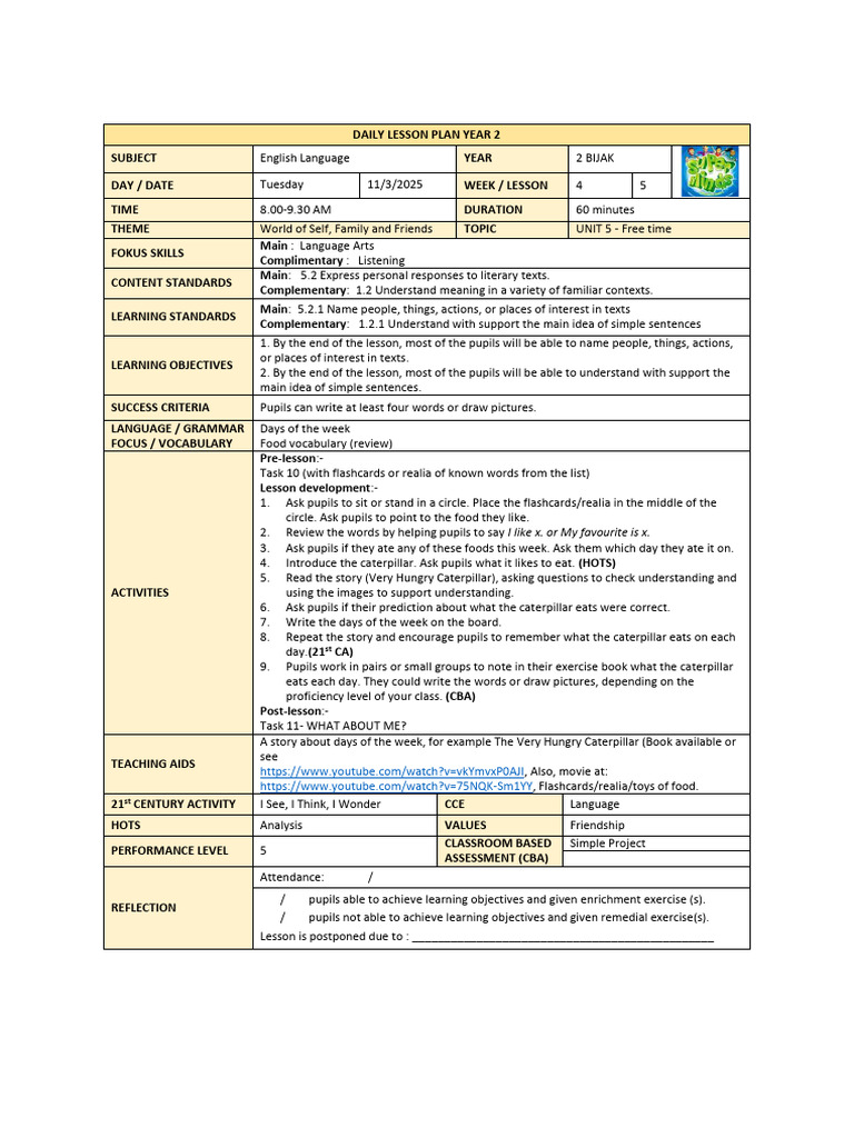 Daily Lesson Plan Year 2 Bijak | PDF | Vocabulary | Lesson Plan