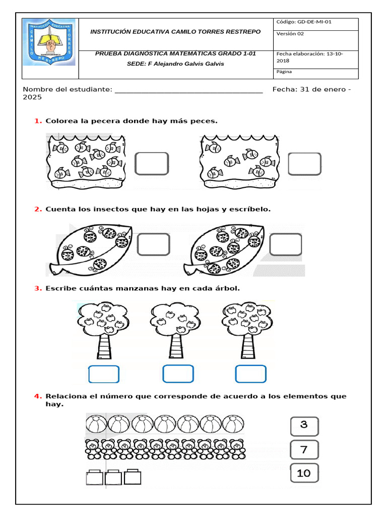 Prueba Diagnóstica Matemáticas 1° Grado | PDF