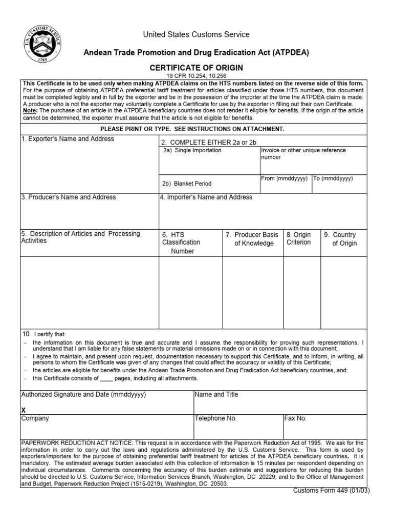 ATPDEA Certificate of Origin Form | PDF