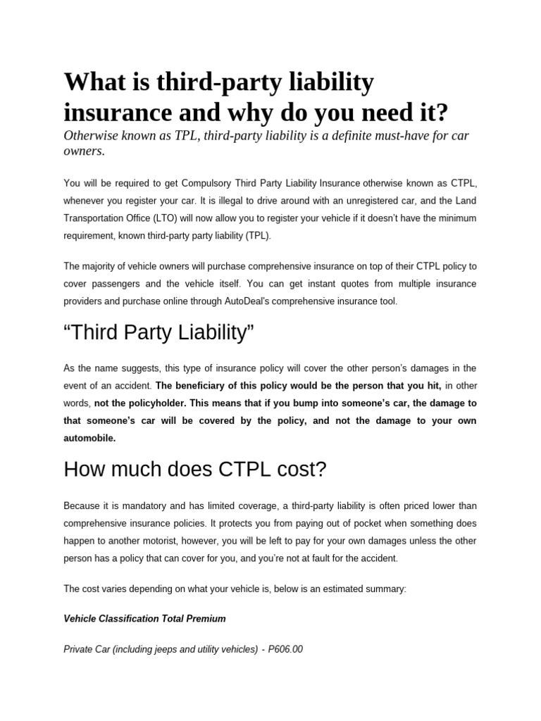 What Is Third-Party Liability or TPL | PDF | Vehicle Insurance | Liability Insurance