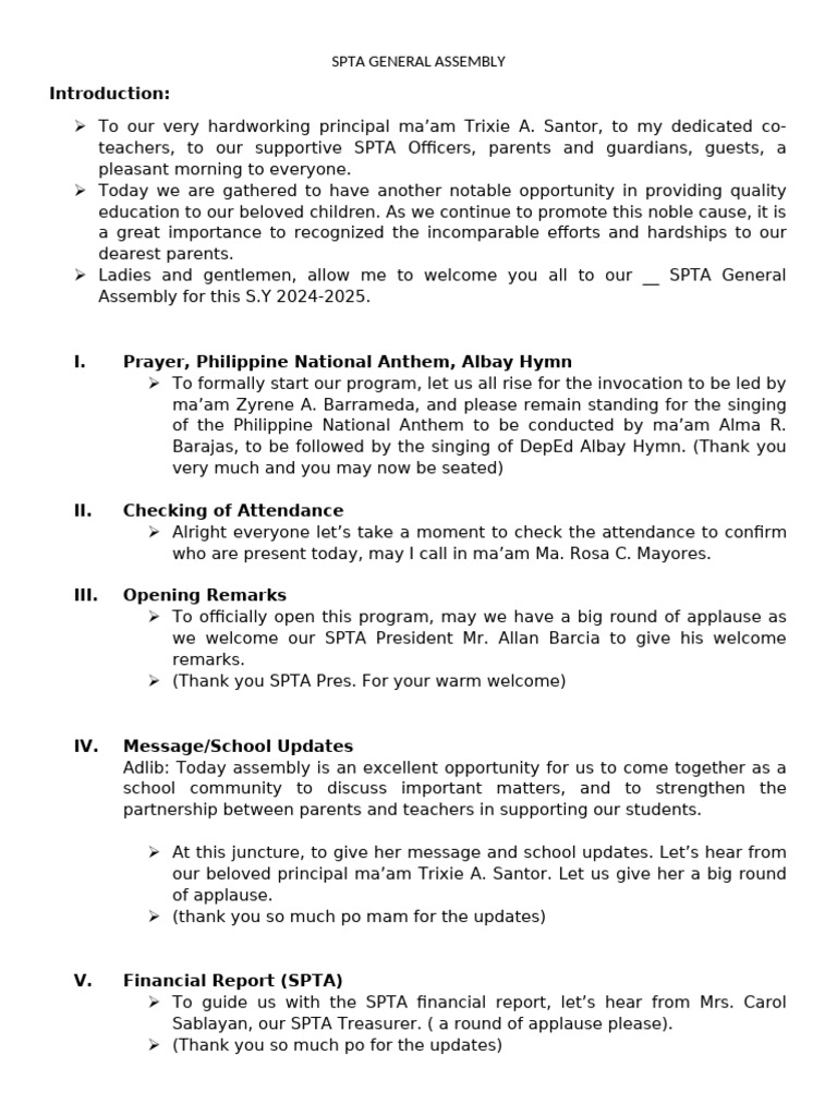 Emcee Script For SPTA GENERAL ASSEMBLY | PDF