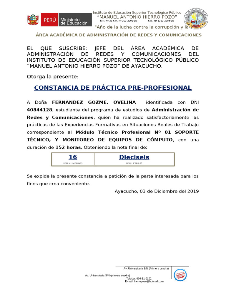 051 Constancia de Practica Mod 1 Ovelina | PDF