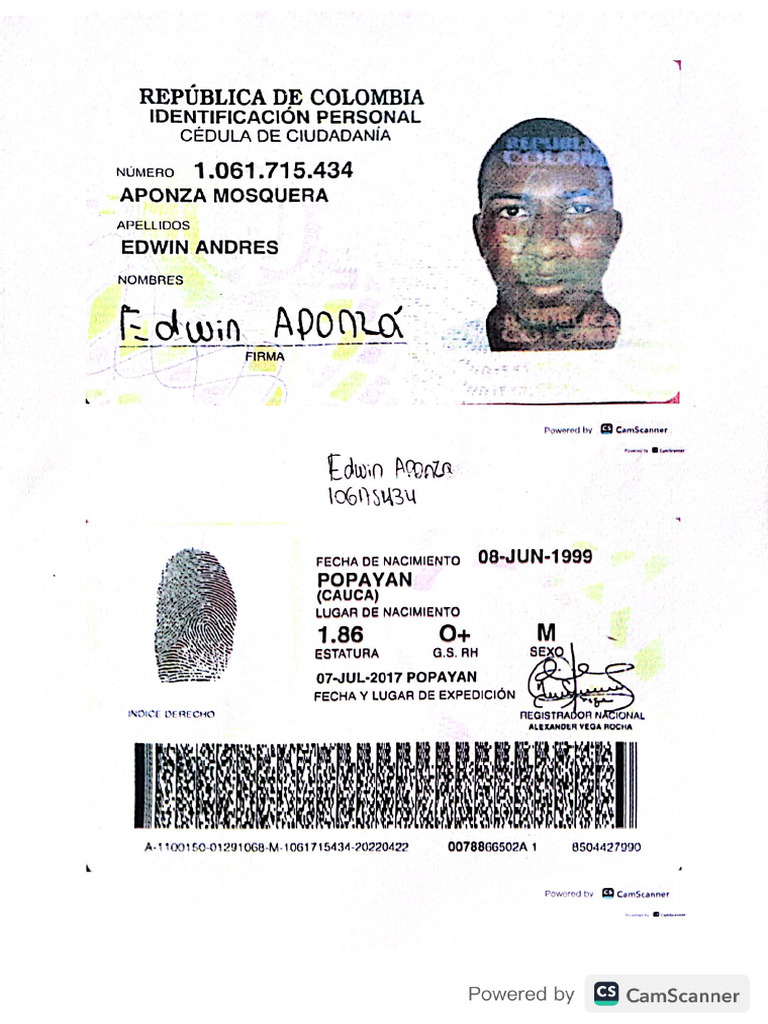 Edwin Andres Aponza Mosquera Cedula de Ciudadania | PDF