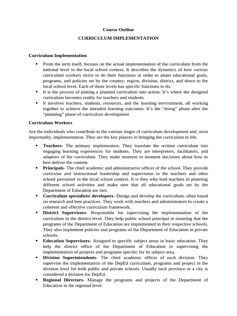 Course Outline Curriculum Implementation | PDF | Curriculum | Schools