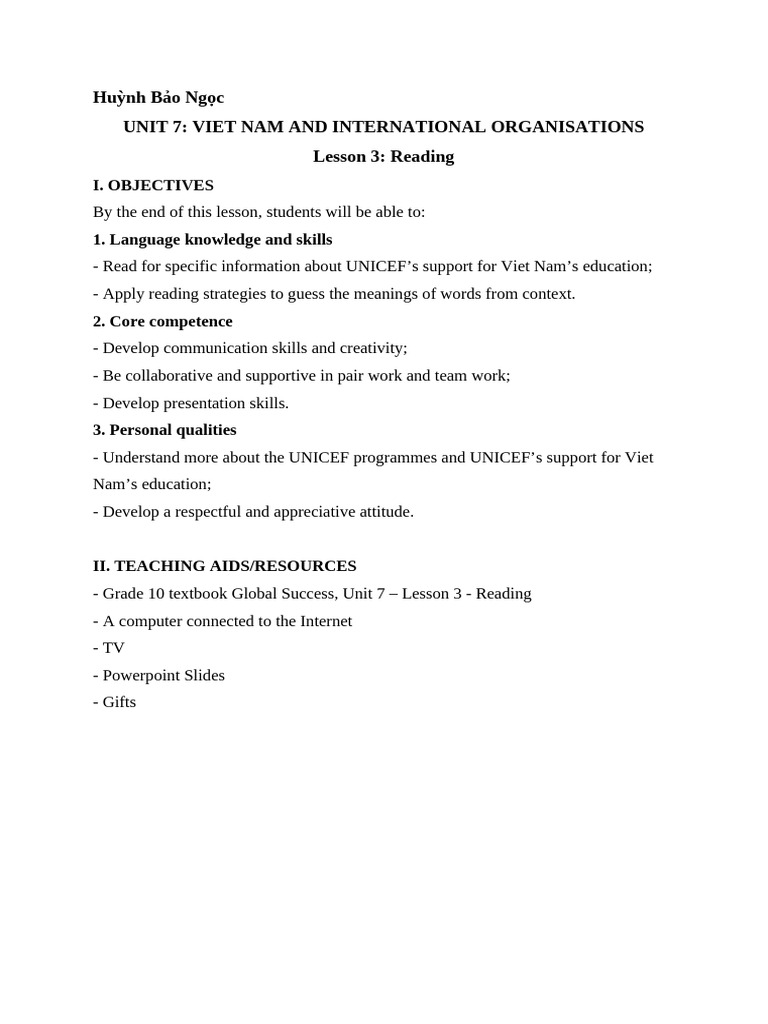 READING - Unit 7 - Grade 10 - Huỳnh Bảo Ngọc | PDF | Teachers | Information