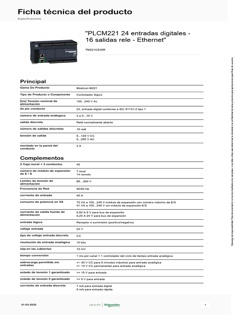 Schneider Electric Logic Controller Modicon M221 TM221CE40R | PDF | Relé | Corriente continua