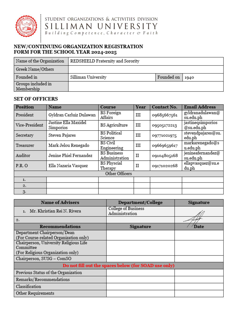 (RSF) Form 1-A For New Continuing Organization (Org Registration Form ...
