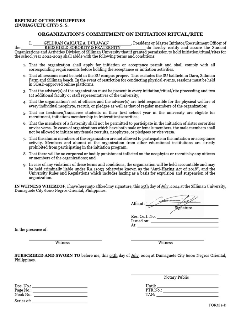 [RSF] Form 1-D (Org Commitment Form on Initiation Rituals) | PDF ...