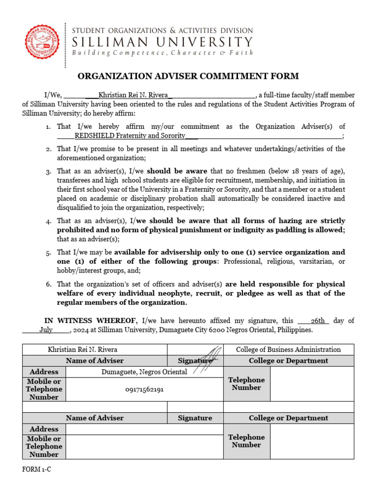 (RSF) Form 1-C (Adviser Commitment Form) | PDF | Fraternities And ...