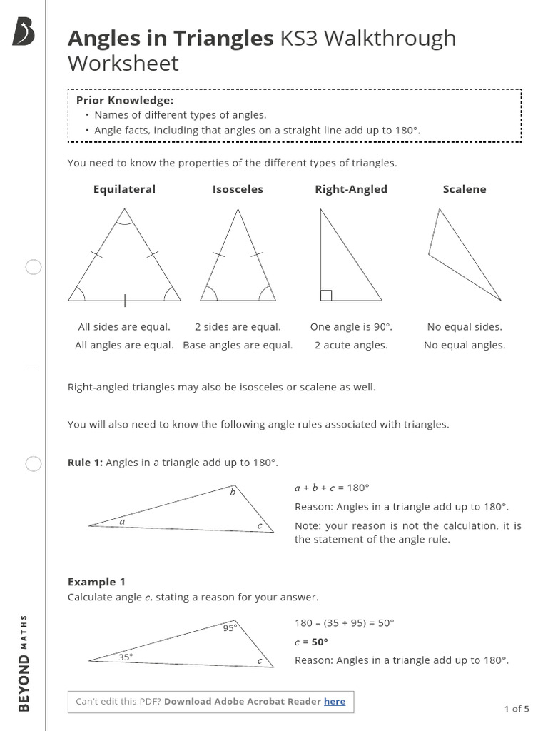 Angles in Triangles KS3 Walkthrough Worksheet (Interactive) | PDF | Triangle | Elementary ...